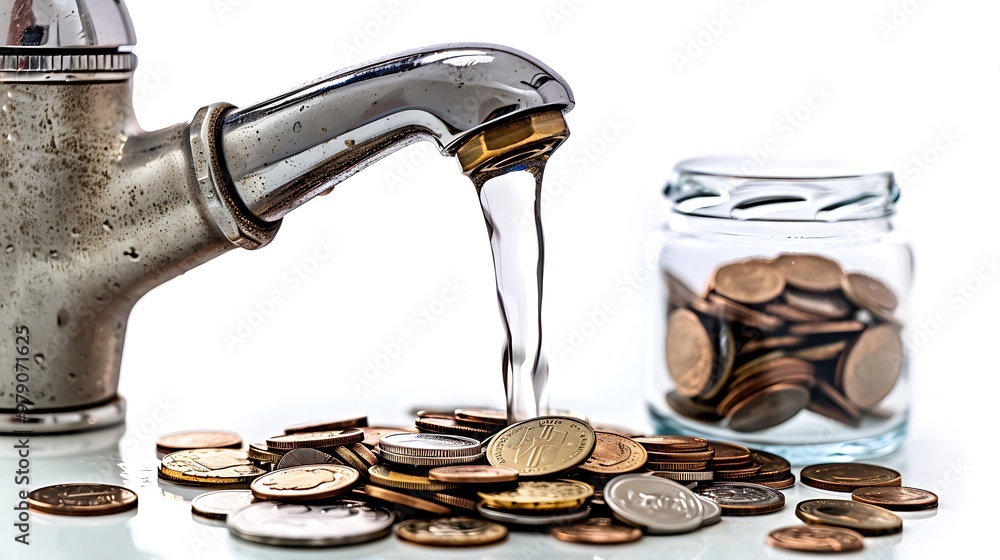 Water tap pouring coins into a glass jar, isolated on a white ...