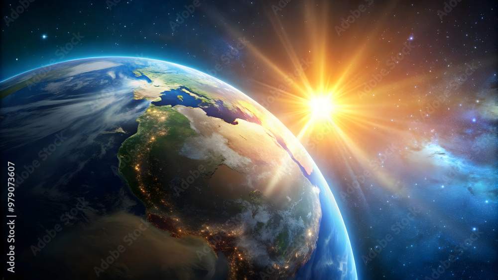Planet Earth floating in the vastness of space with the sun shining on ...