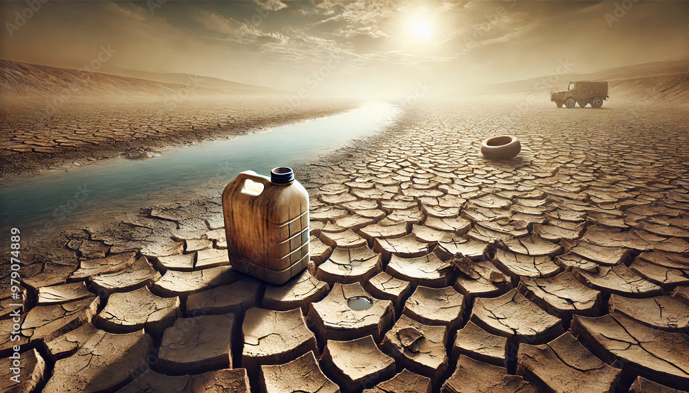 A desolate landscape of cracked earth, a dried-up river, and an abandoned jerrycan under the ...