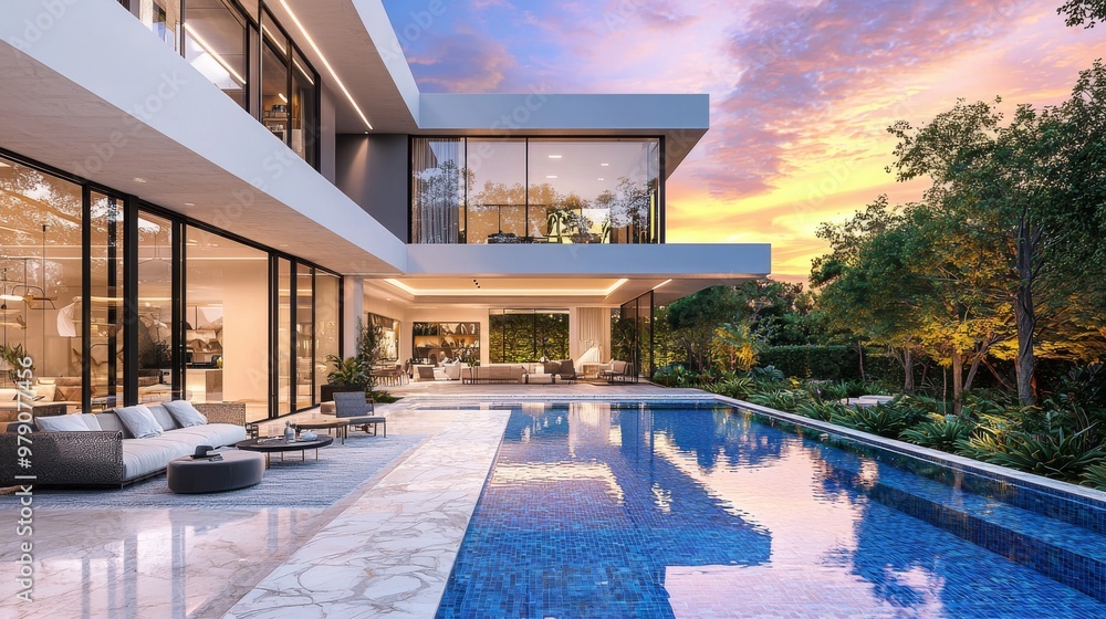 Resort-style patio with travertine pavers, a plush cabana by the pool ...