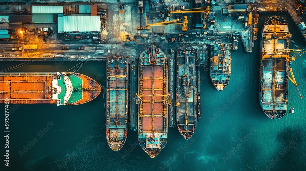 “Harbor Activity: Aerial View of Cargo Ships at a Bustling Dock” Stock ...