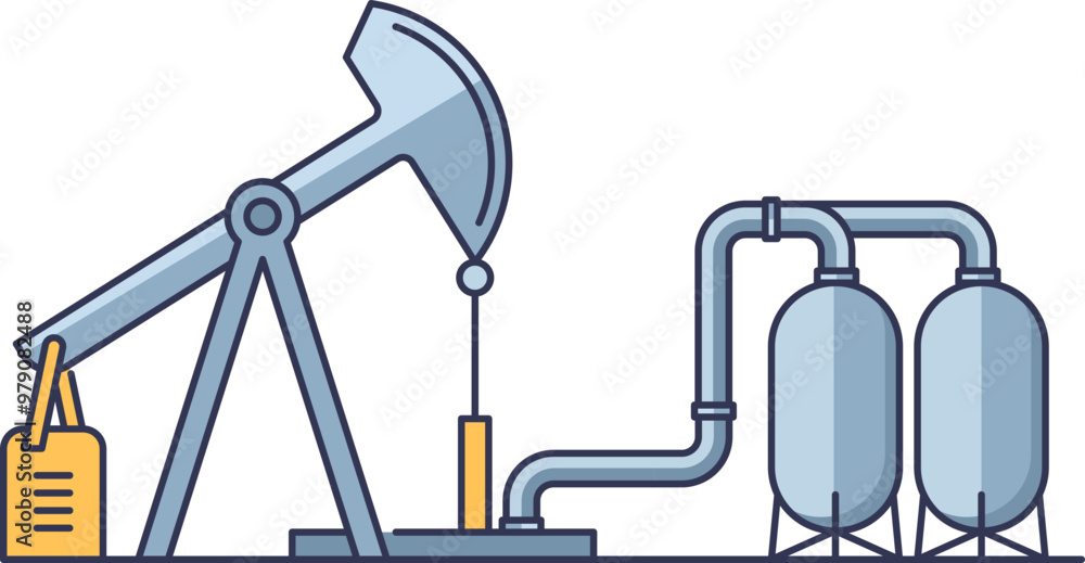 Cartoon of an oil pump jack with storage tanks, symbolizing energy ...