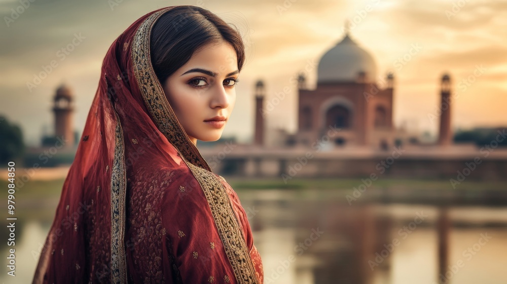 An elegant Pakistani woman in a shalwar kameez, standing by the ...