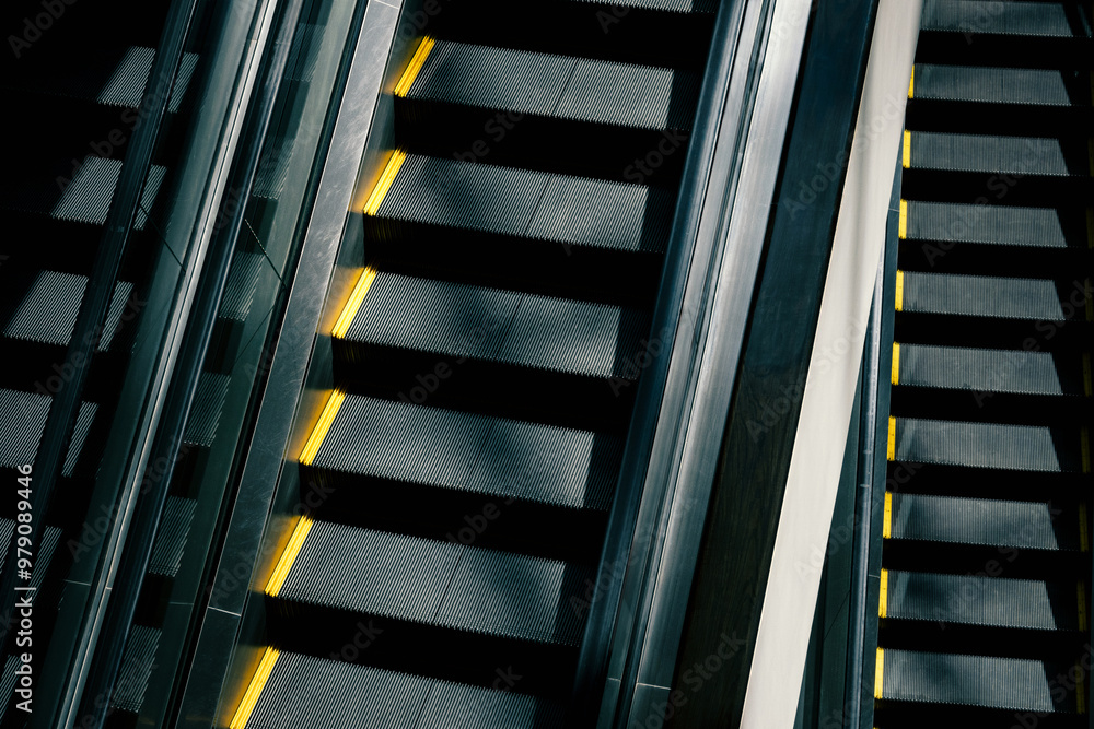 multi-level escalators in modern shopping mall or airport, beautiful ...