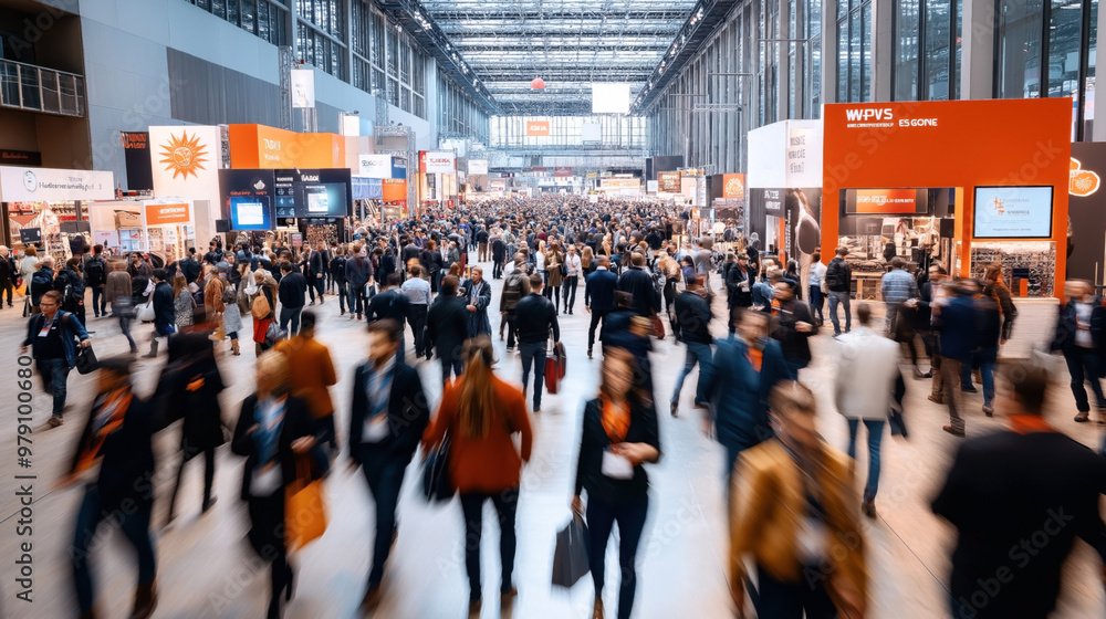 Large indoor trade show or exhibition with bustling crowd, diverse ...