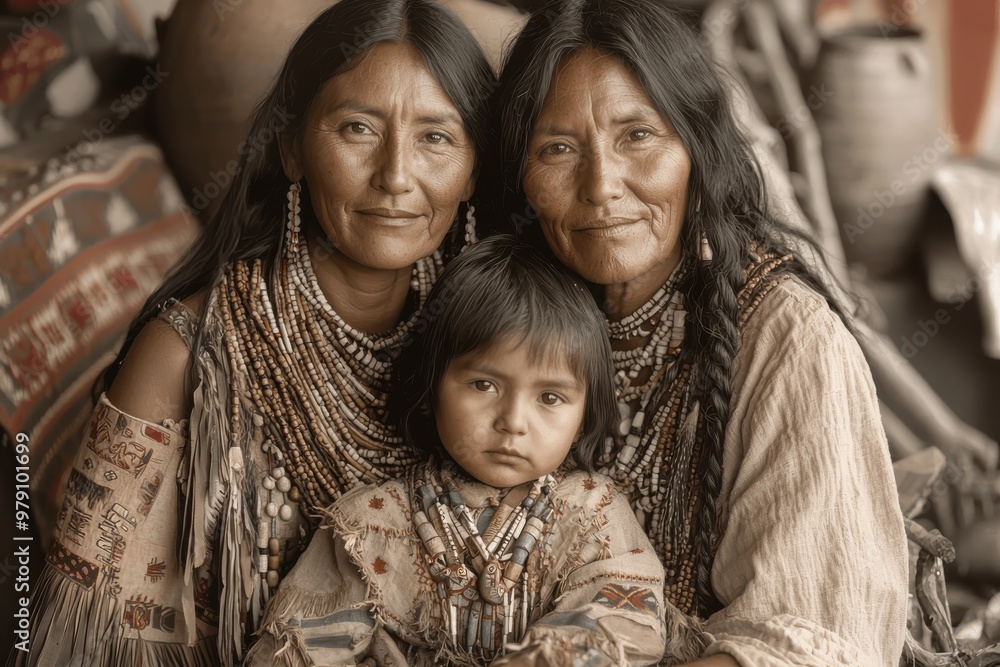 Three generations of Native American women in traditional attire Stock ...
