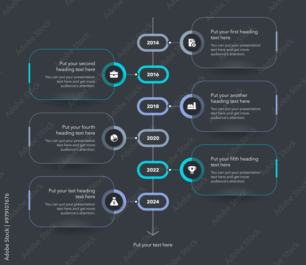 Vertical timeline infographic template with six steps - dark version ...