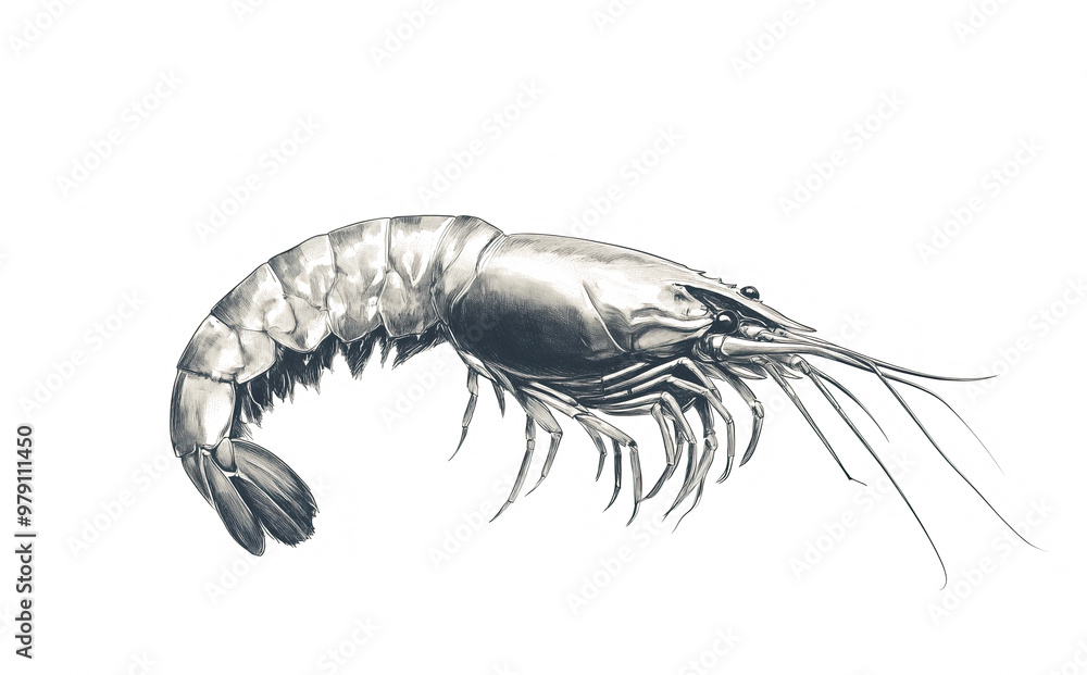 Seafood, shrimp prawn. Vintage retro print, black white seafood shrimp ...