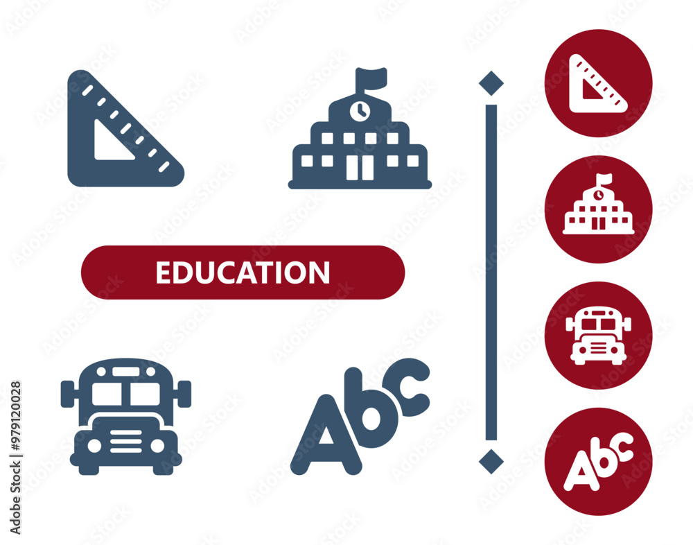 Education icons. School, ruler, high school, school bus, letters, font ...
