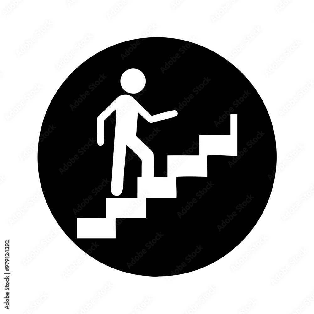 Person Walking Up Stairs Icon, Black and White, Step Access Symbol in a ...