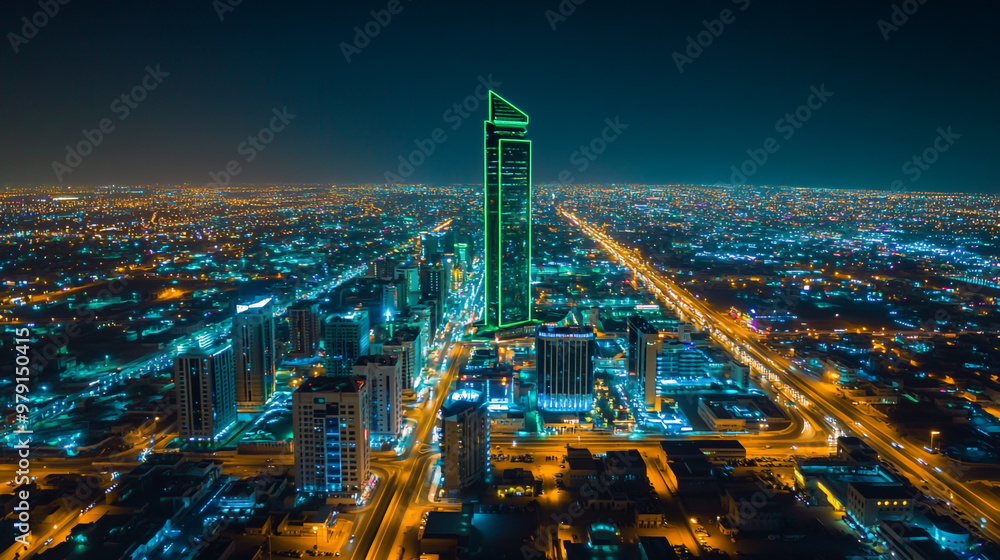 Dramatic night view of the Saudi Arabia skyline with iconic buildings ...