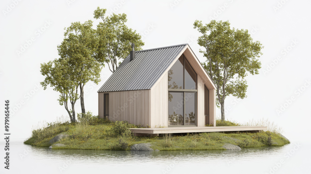 A 3D drawing shows a small, modern wooden house in the Scandinavian ...