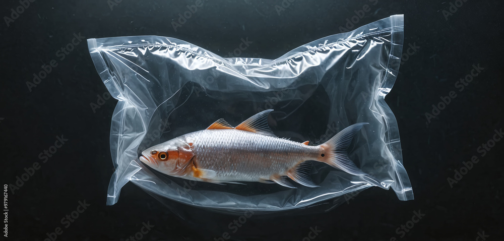 Illustrative representation of fish in water wrapped in plastic foil ...