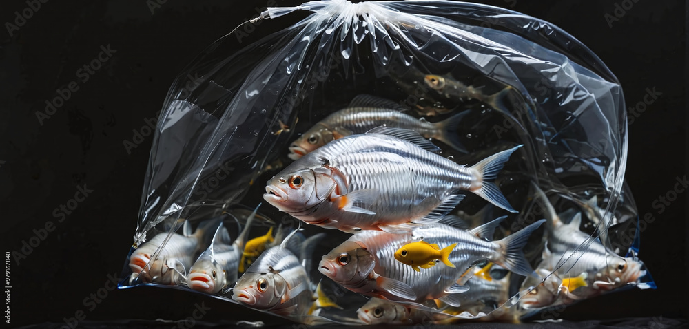 Illustrative representation of fish in water wrapped in plastic foil ...