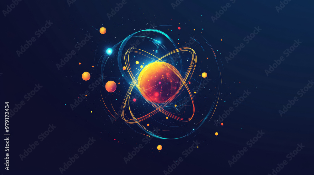 Atom diagram with nucleus, protons, neutrons, electrons on dark blue ...