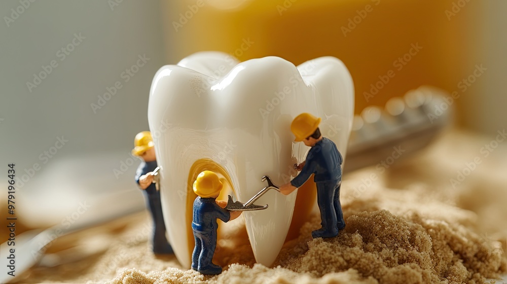 Miniature construction workers with tiny tools repairing a giant tooth ...