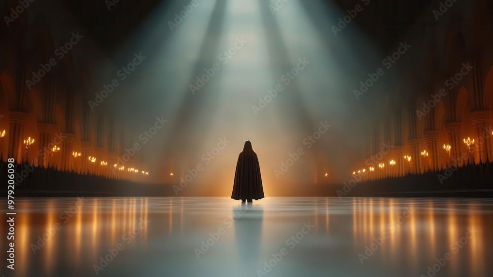 Dark vampire queen standing in a shadow-filled throne room, flickering ...