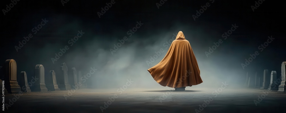 Phantom in a flowing cloak, drifting between crumbling tombstones ...