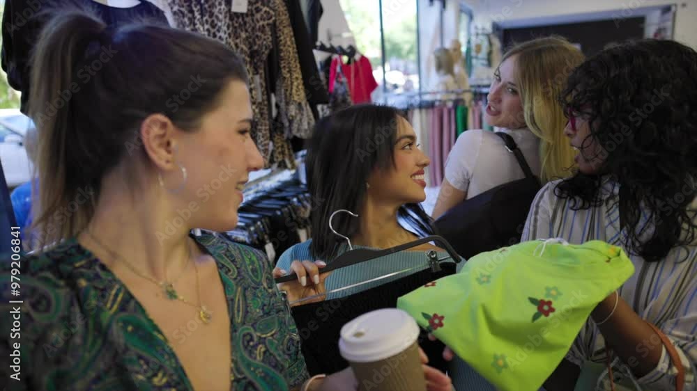 Group of Diverse Young Women Shopping Together in Clothing Store - Four ...