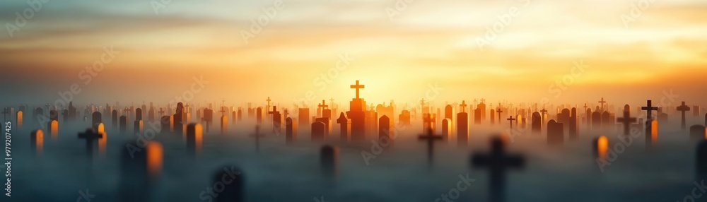 Gothic crypt in the corner of a fog-covered graveyard, ancient stone ...
