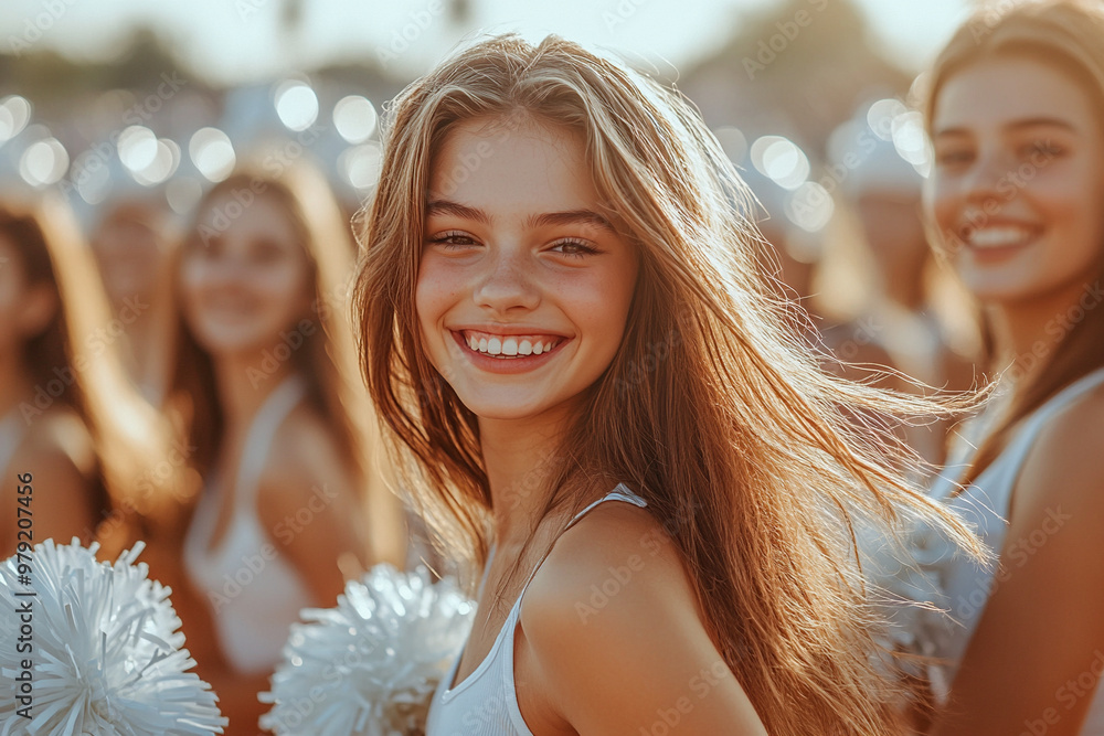 Happy teenagers cheerleaders at a school stadium training, high school ...