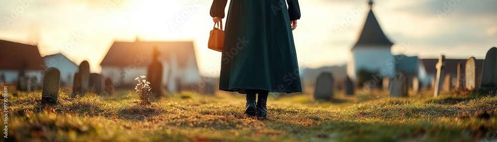 Female vampire in a flowing black gown, standing in a graveyard ...