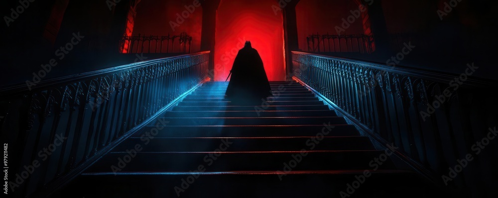 Shadowy vampire figure standing at the entrance of a crypt, long ...
