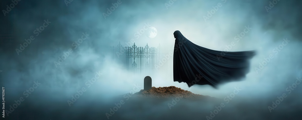 Ethereal phantom hovering over a freshly dug grave, gothic cemetery ...