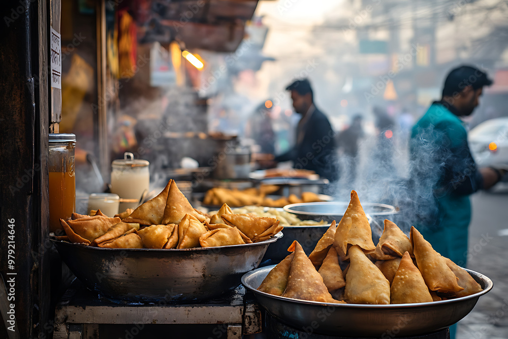 A street food vendor serving popular Indian snacks like samosas or chai ...