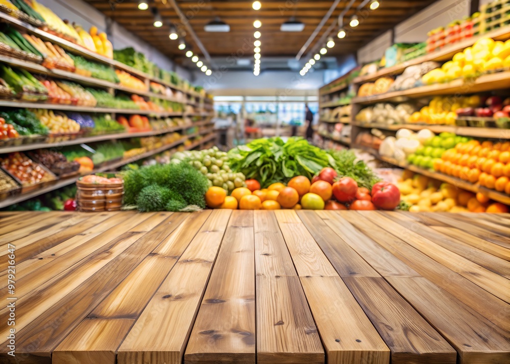 Wooden Countertop in Focus with Blurred Supermarket Aisles Full of ...