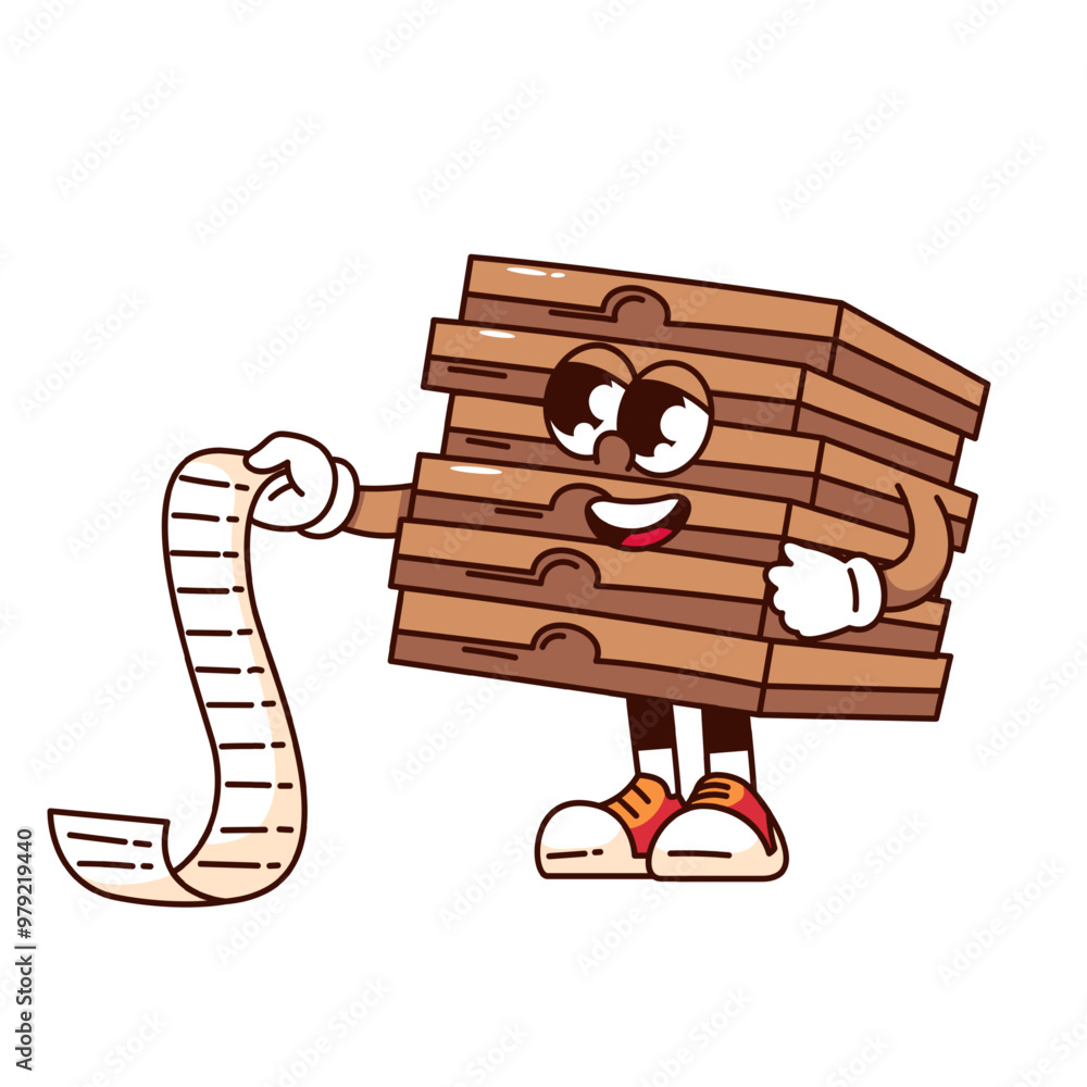 Groovy stack of pizza boxes cartoon character with receipt. Funny retro ...