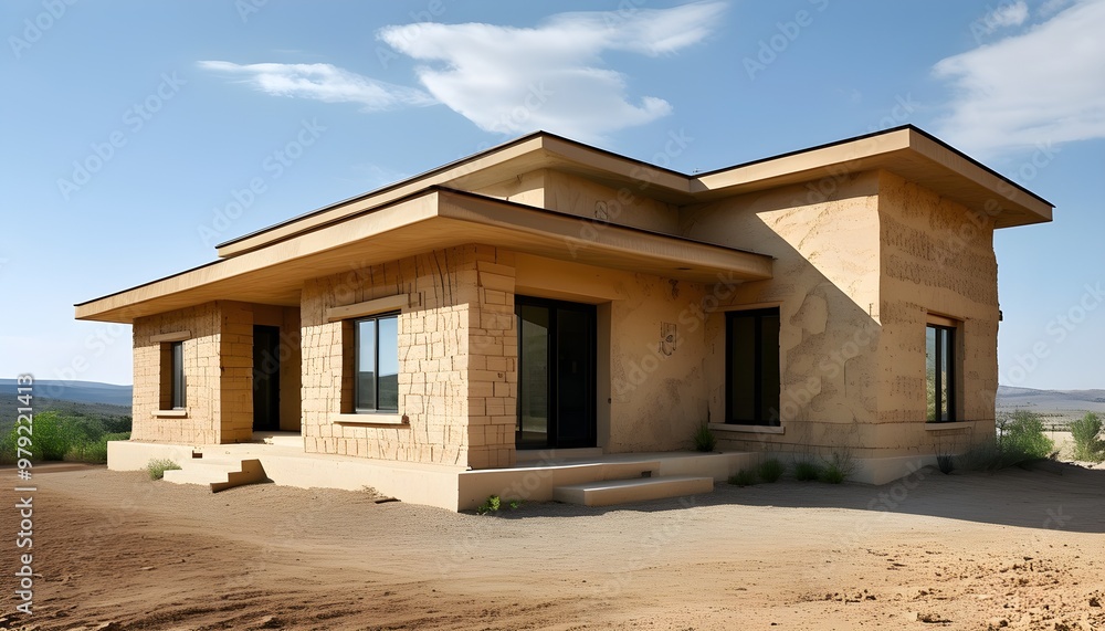 Charming adobe house with flat roofs, sun-dried clay brick construction ...