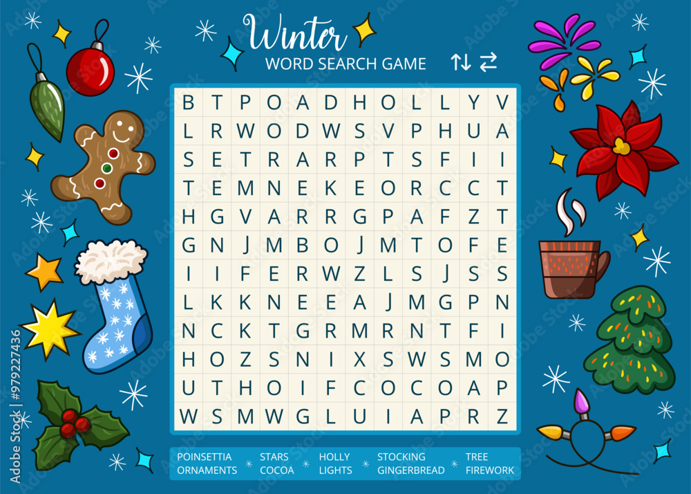 Winter word search puzzle game with cute cartoon drawings worksheet ...