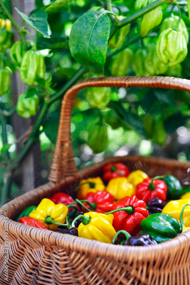 Ripened multi-colored habanero peppers (capsicum chinense) in wicker ...
