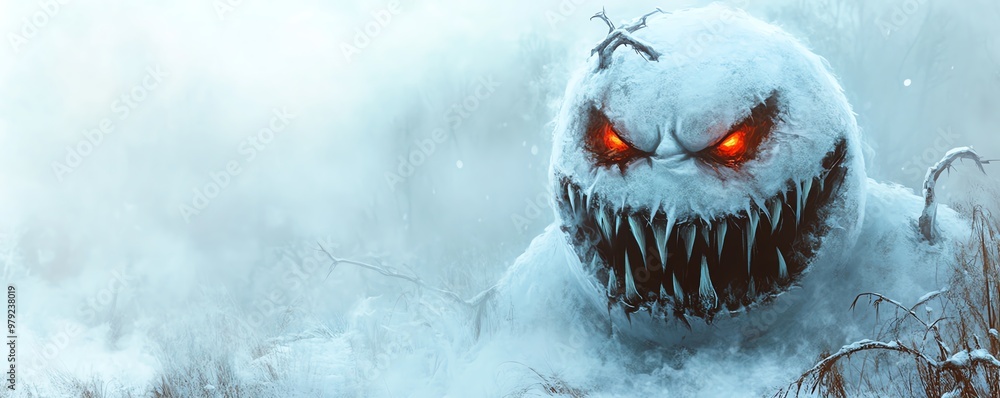 Eerie snowman with glowing red eyes and sharp teeth in a snowy ...