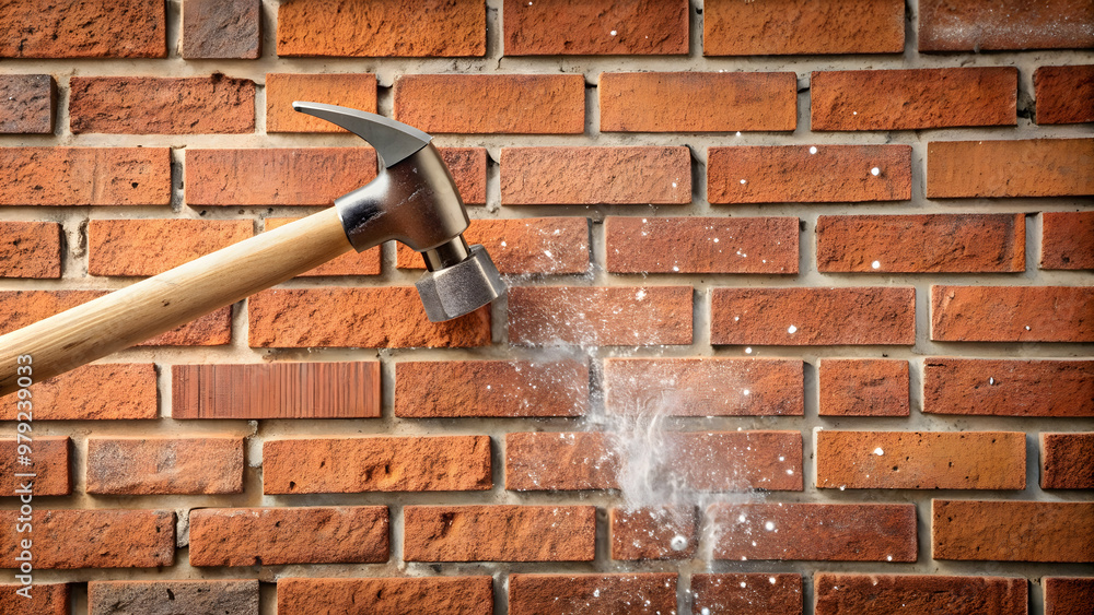 Sequence of steel hammer striking a brick , hammer, brick, impact ...