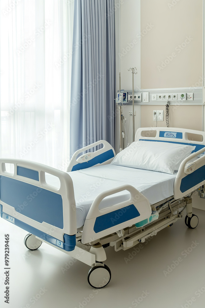 Emtry bed on hospital.blue and white hospital bed on white background ...