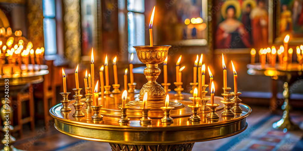 Orthodox church candles burning on a golden stand during religious ...