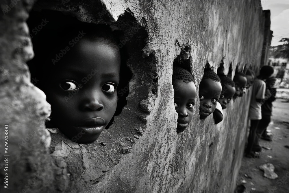 African children peeking through holes in a wall, captured in black and ...