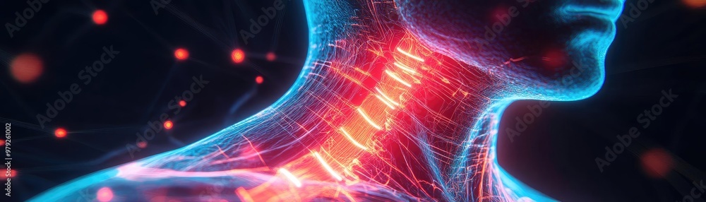 A detailed visualization of the human neck anatomy, highlighting muscle ...