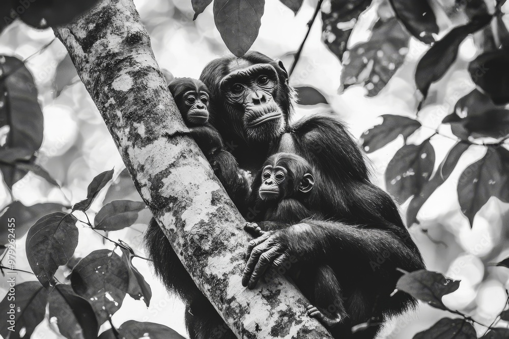 Black-and-white photograph of a mother ape and her baby resting in a ...