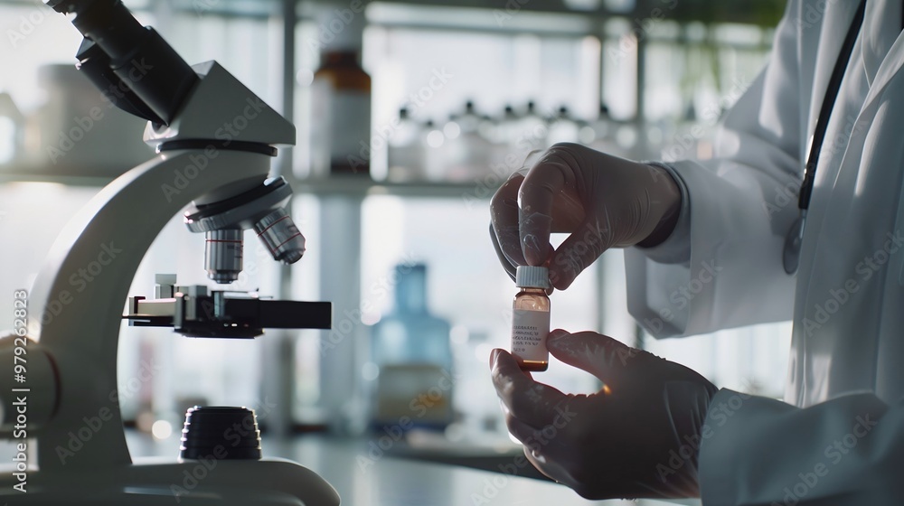 Scientist in lab coat holding vial of experimental drug, with ...