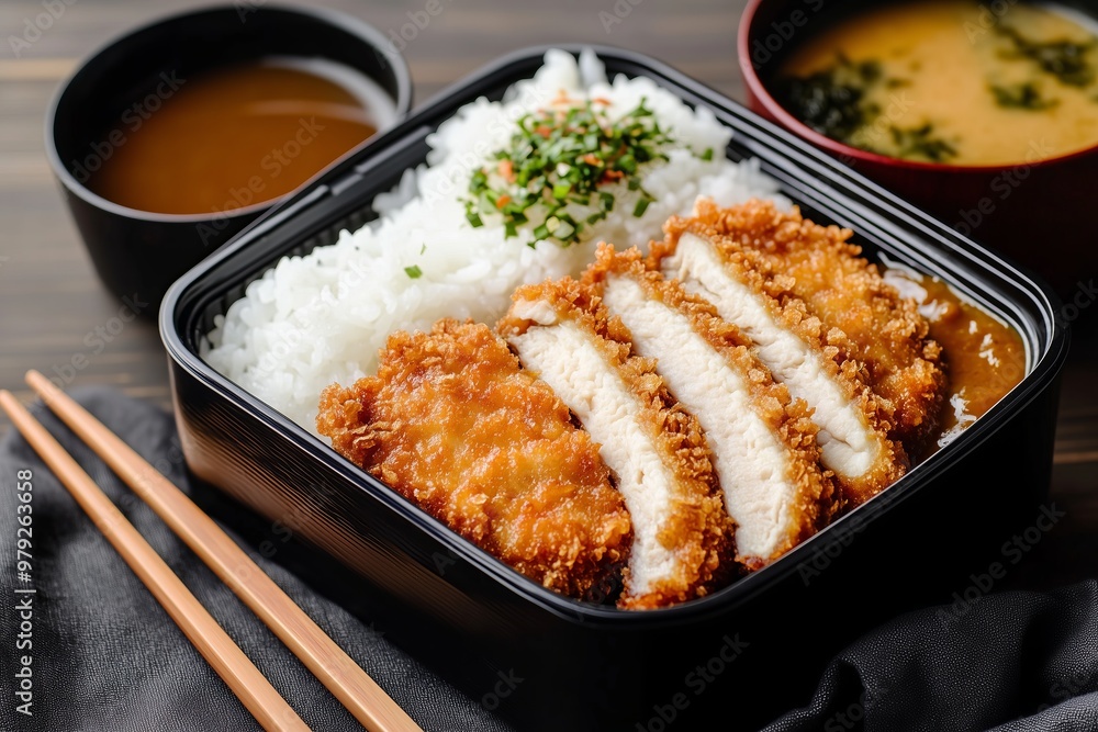 katsu curry served in a traditional Japanese bento box, with perfectly ...