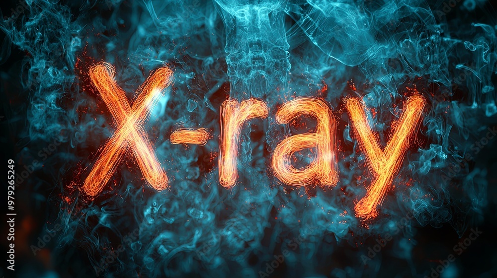 Artistic depiction of the word 'X-ray' ablaze with fiery effects, set ...