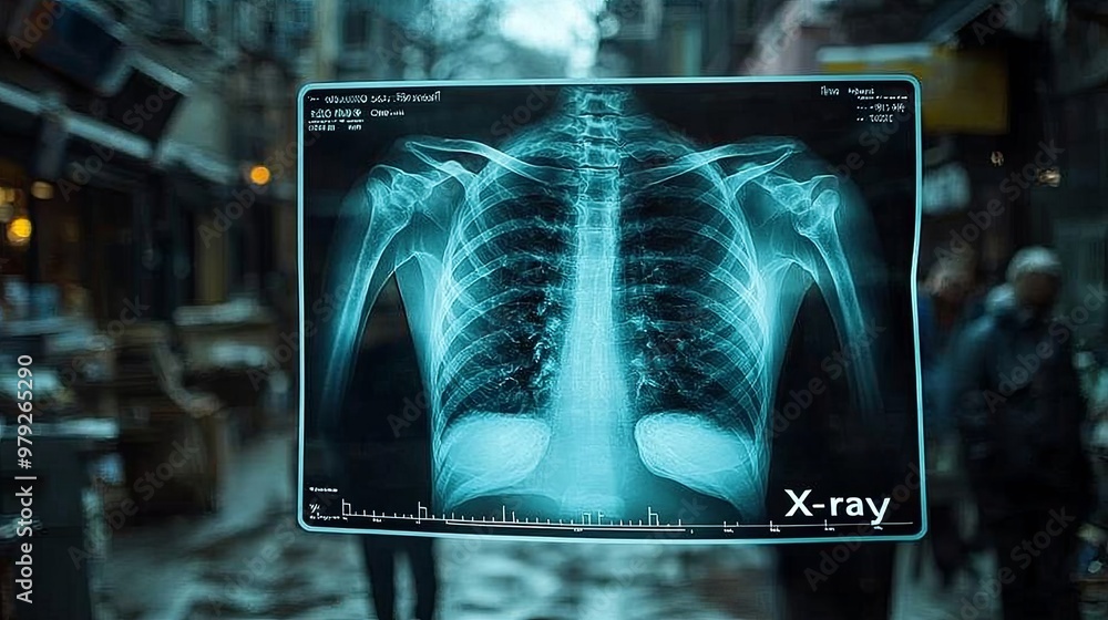 A chest X-ray image prominently displayed on a medical screen with a ...