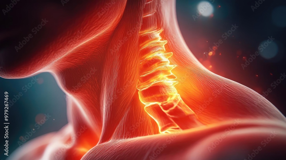 Anatomical illustration highlighting the cervical spine with glowing ...