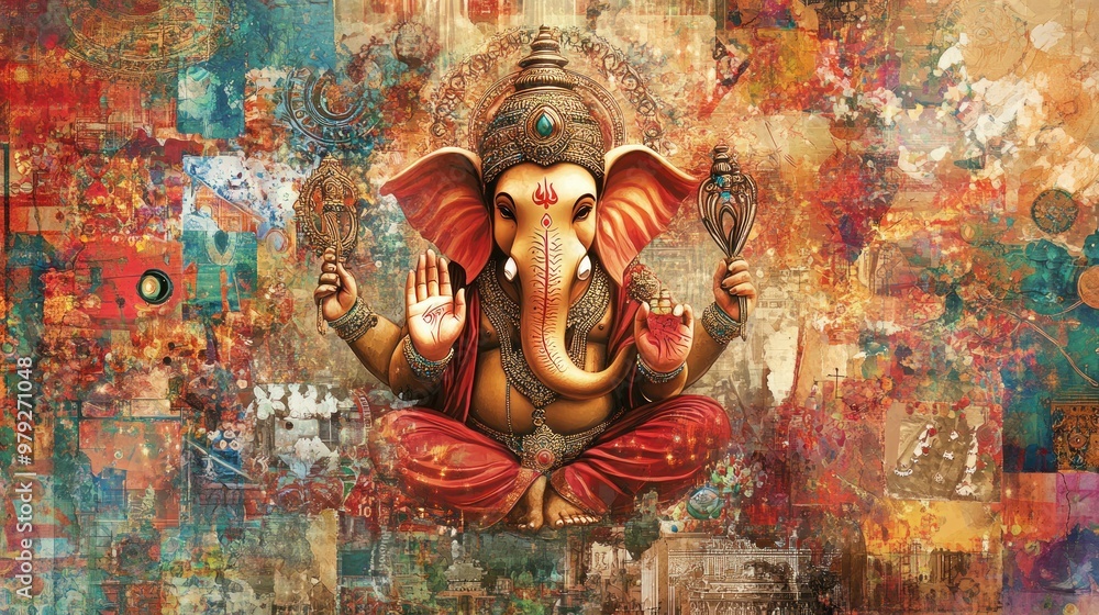 A digital collage of various religious symbols and icons, with Ganesh ...