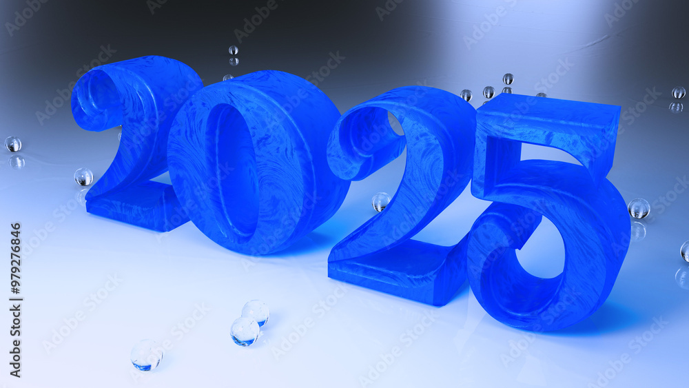 Stylish blue glass numbers forming '2025' surrounded by reflective orbs ...
