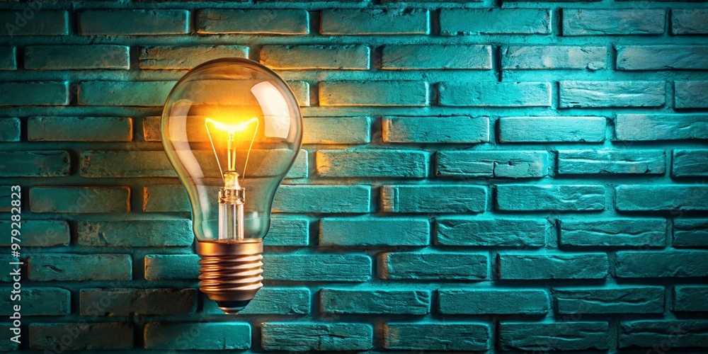 Glowing lightbulb on a teal-colored brick wall. The warm light and ...