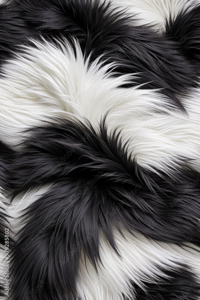 Fluffy black and white fur with detailed strands and smooth texture ...